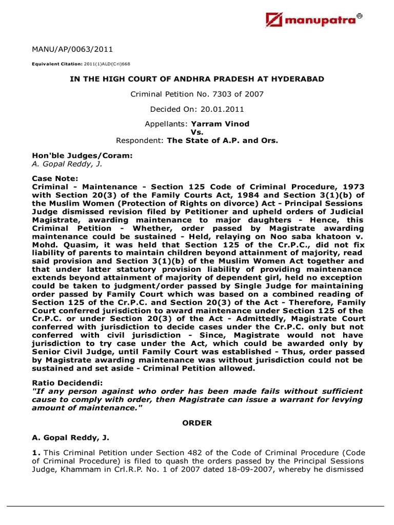"Andhra Pradesh HC: Maintenance for Major Daughters" | PDF | Magistrate ...
