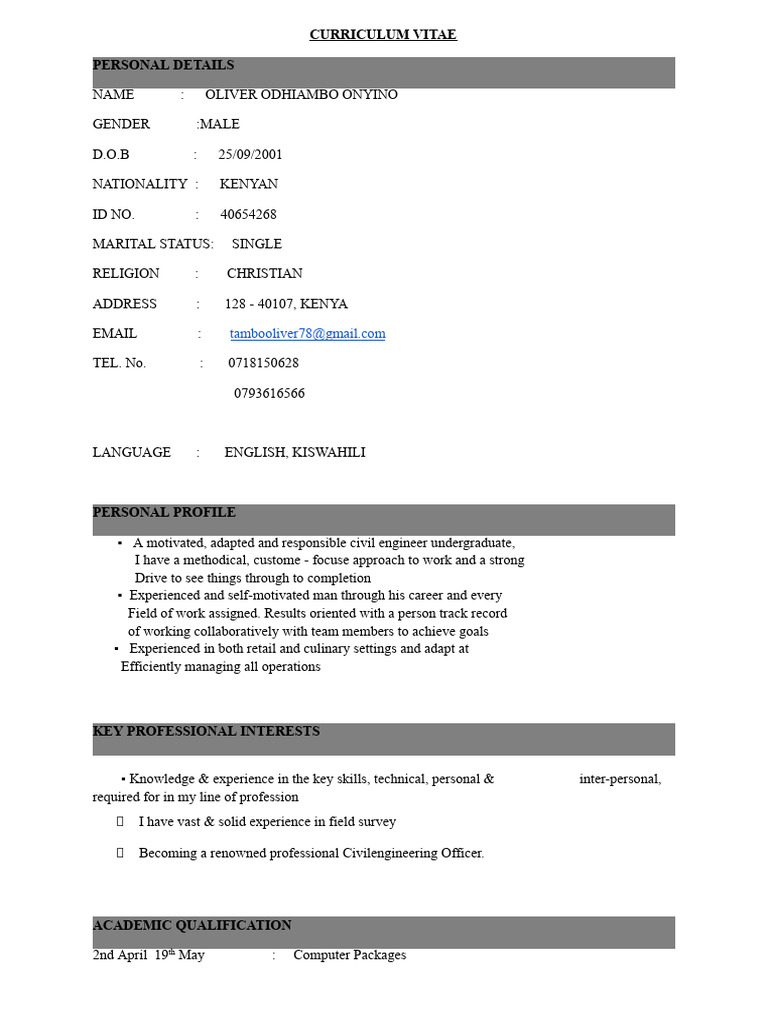 Oliver Onyino's Civil Engineering CV | PDF