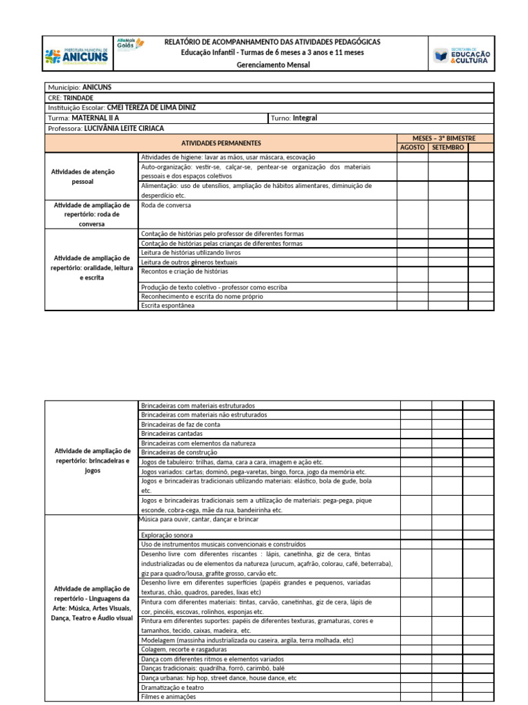 Ficha de Acompanhamento Ed Infantil - CMEI - MATERNAL II A 2 | PDF ...