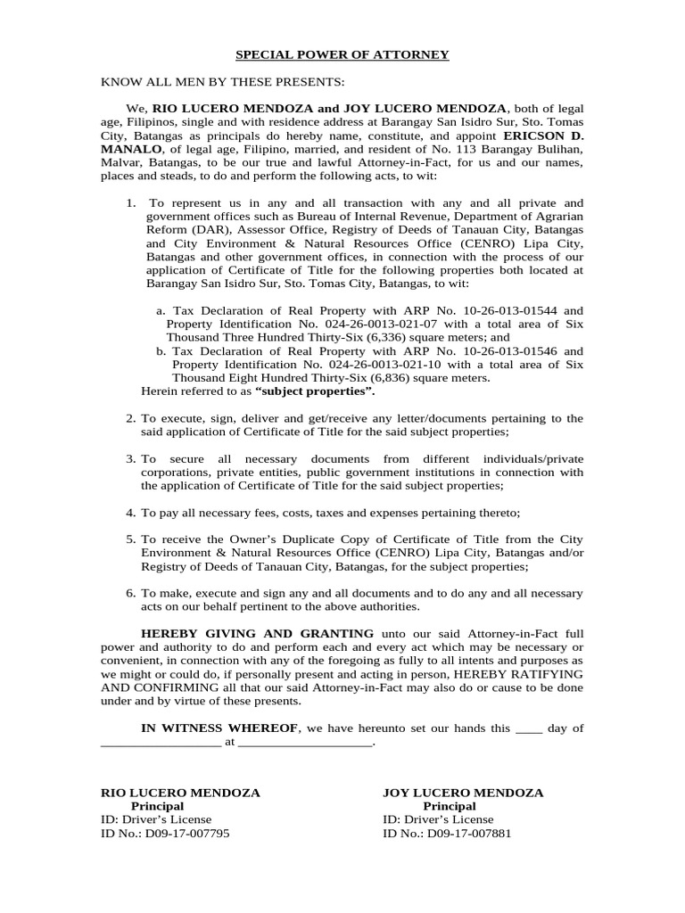 Spa Transfer - Joy and Rio Mendoza | PDF | Power Of Attorney | Private Law