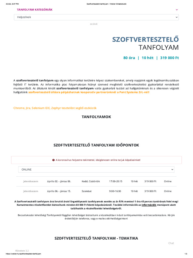 Szoftvertesztelő Tanfolyam - Webler Oktatóstúdió | PDF