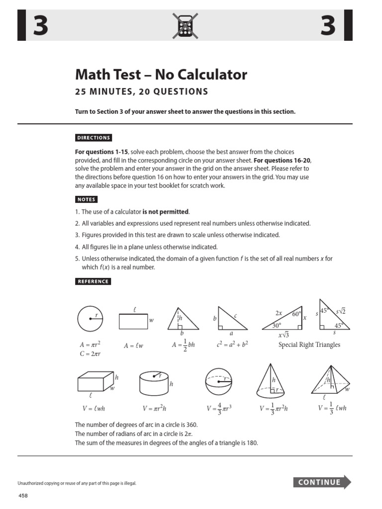 Math Test - No Calculator: 25 Minutes, 20 Questions | PDF | Mathematics ...