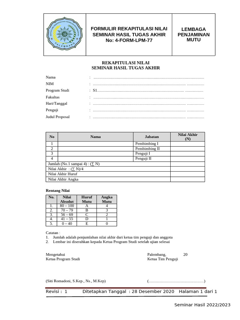 77 Form Rekap Nilai Hasil S1 | PDF