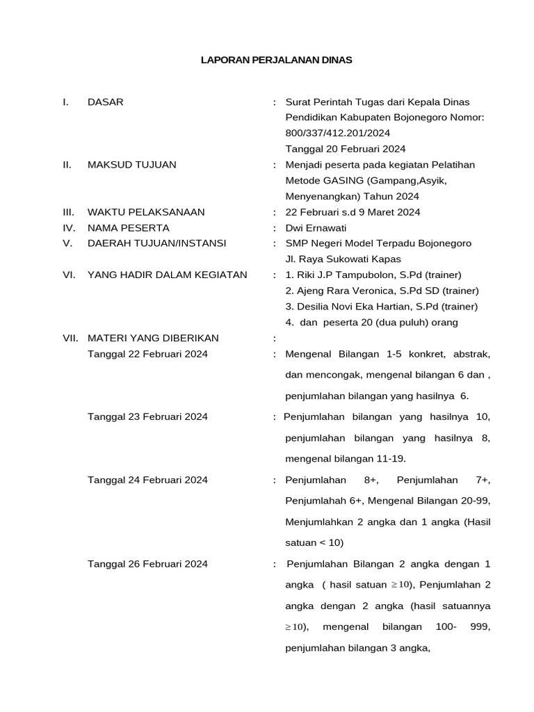 Contoh Lap Perjadin (Gasing) - Peserta | PDF
