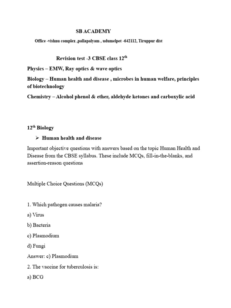 SB Revision Test 3 Class 12 | PDF | Electromagnetic Radiation ...