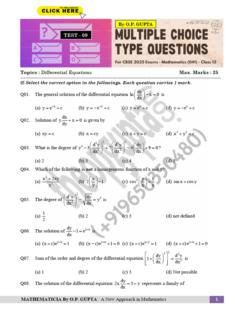9 MCQ - Differential Equations | PDF | Mathematics | Integral