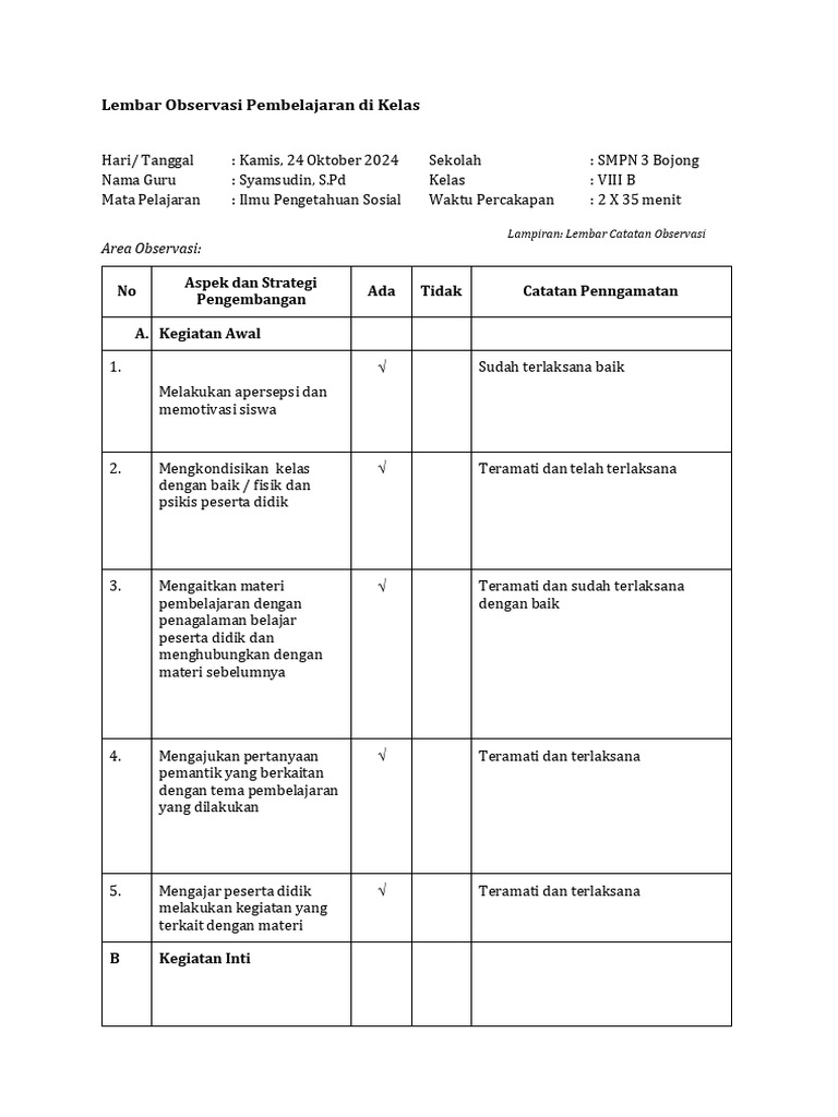 2 - Lembar Observasi Pembelajaran Di Kelas. | PDF | Karier & Perkembangan