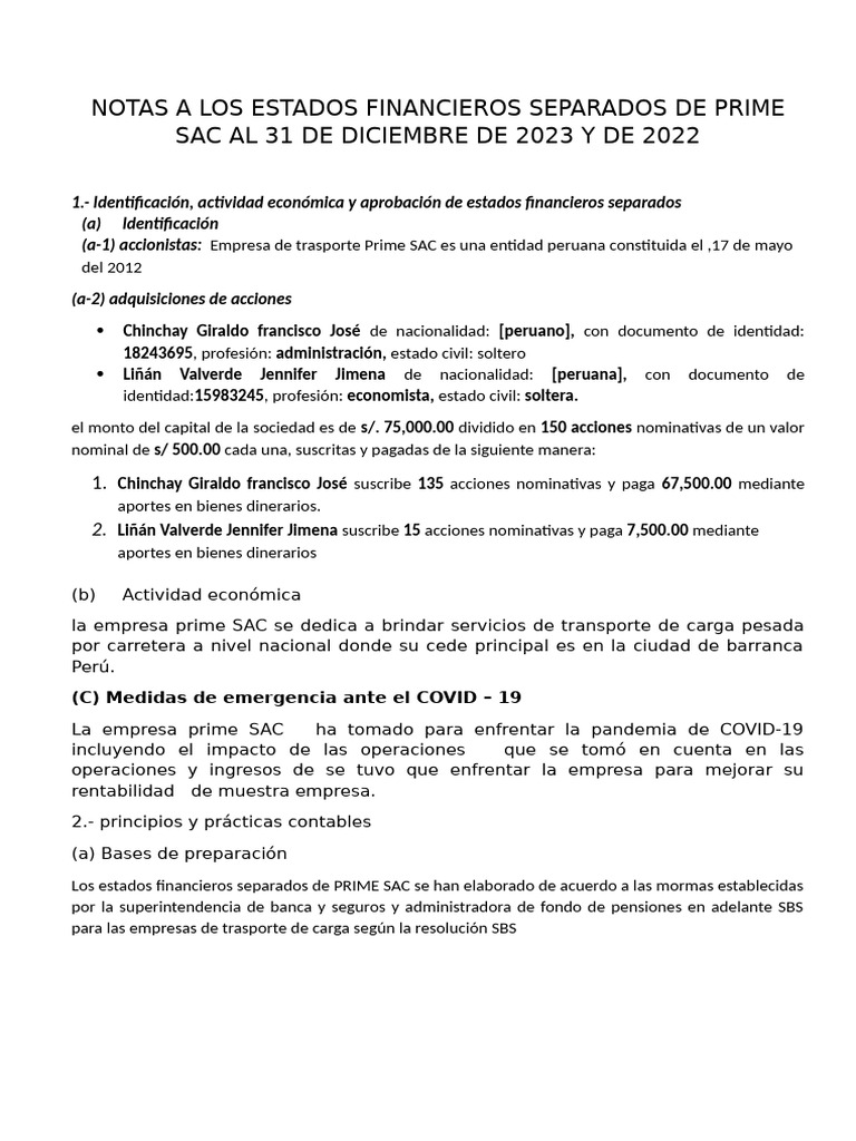 Notas A Los Estados Financieros Separados de Prime Sac Al 31 de Diciembre de 2023 y de 2022 ...
