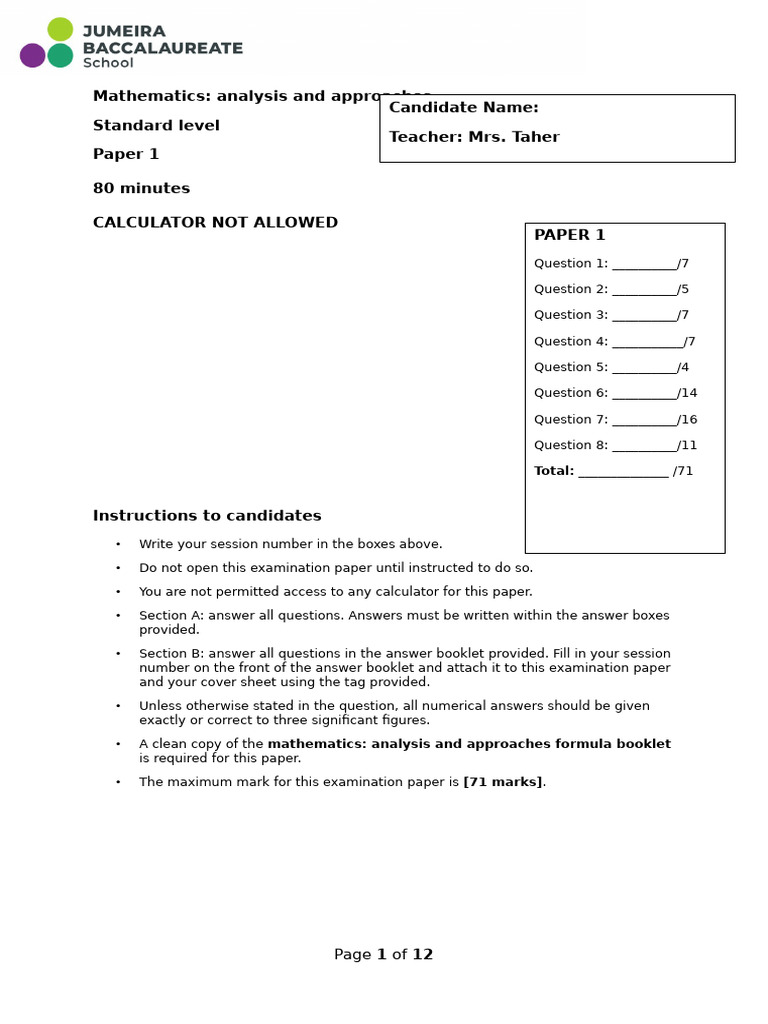 Oct. Paper 1 | PDF | Function (Mathematics) | Trigonometric Functions