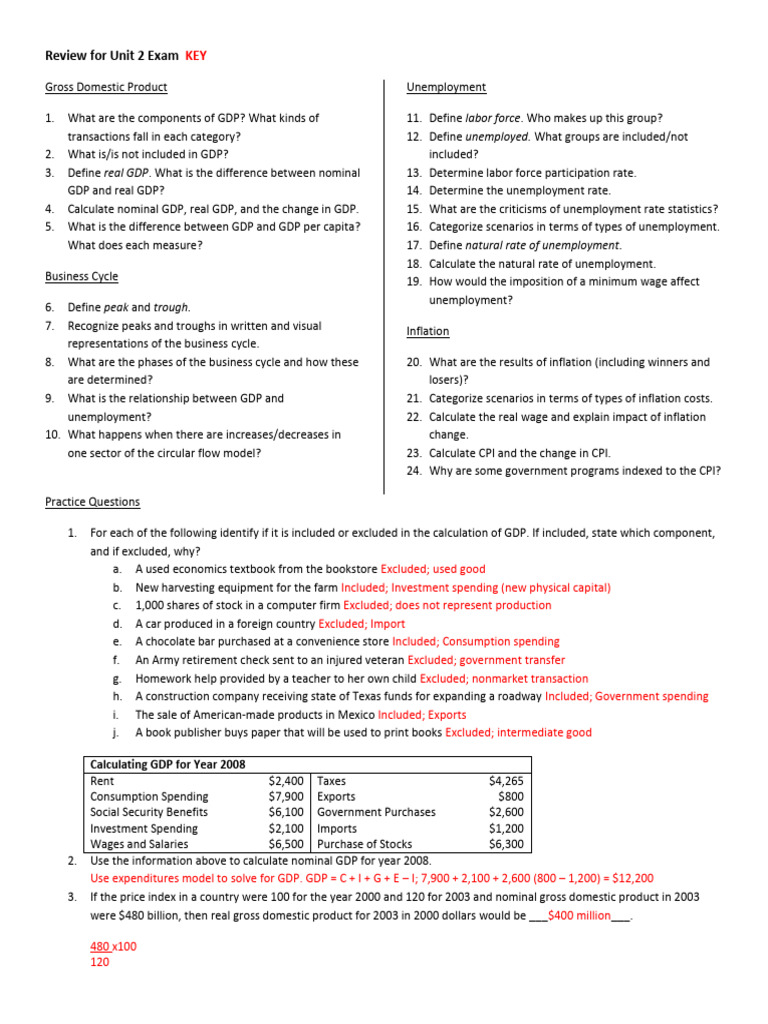 Review For Unit 2 Exam KEY | PDF | Unemployment | Inflation