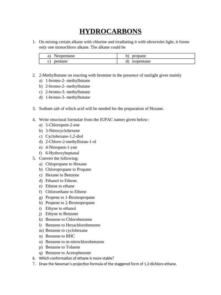 Hydrocarbons Worksheet | PDF