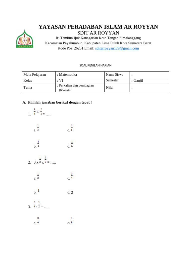 Soal PH 2 MTK K5 K13 Perkalian Dan Pembagian Pecahan | PDF