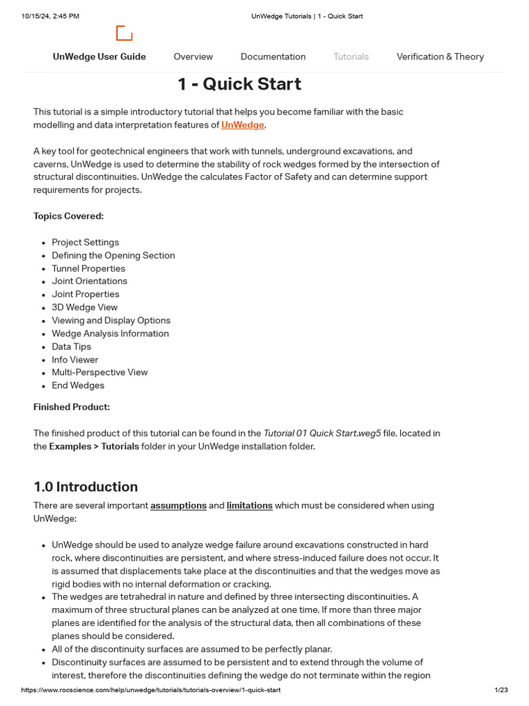 UnWedge Tutorials - 1 - Quick Start | PDF | Cursor (User Interface) | Stress (Mechanics)