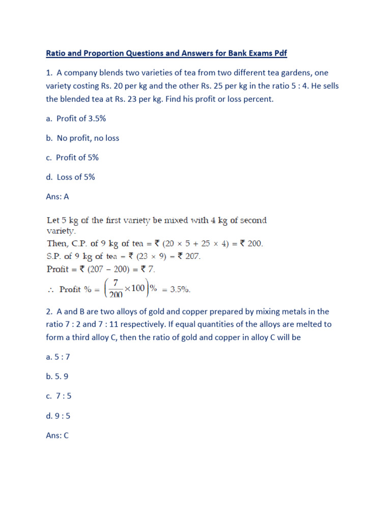 Ratio Proportion Questions Bank Exams | PDF