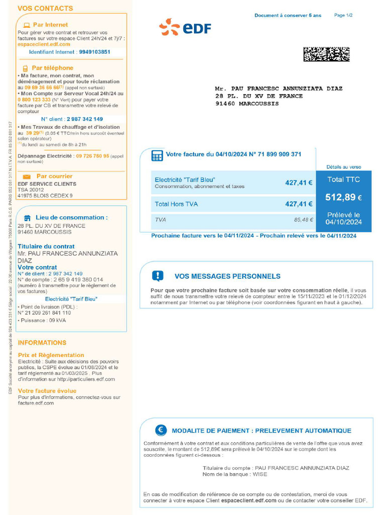 Facture Edf Octobre 04 10 2024 | PDF