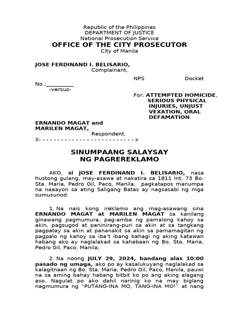 Sinumpaang-Salaysay-Ng-Pagrereklamo-JOSE FERDINAND BELISARIO | PDF