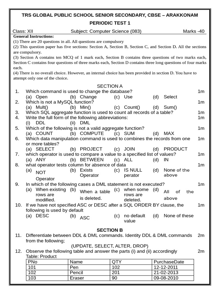 12th CS PT Set2 | PDF | Sql | Information Technology Management