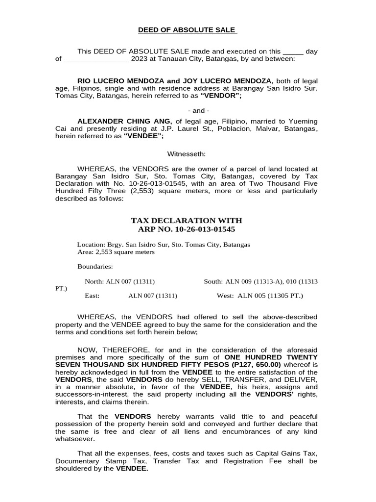 DEED OF ABSOLUTE SALe | PDF | Private Law | Common Law