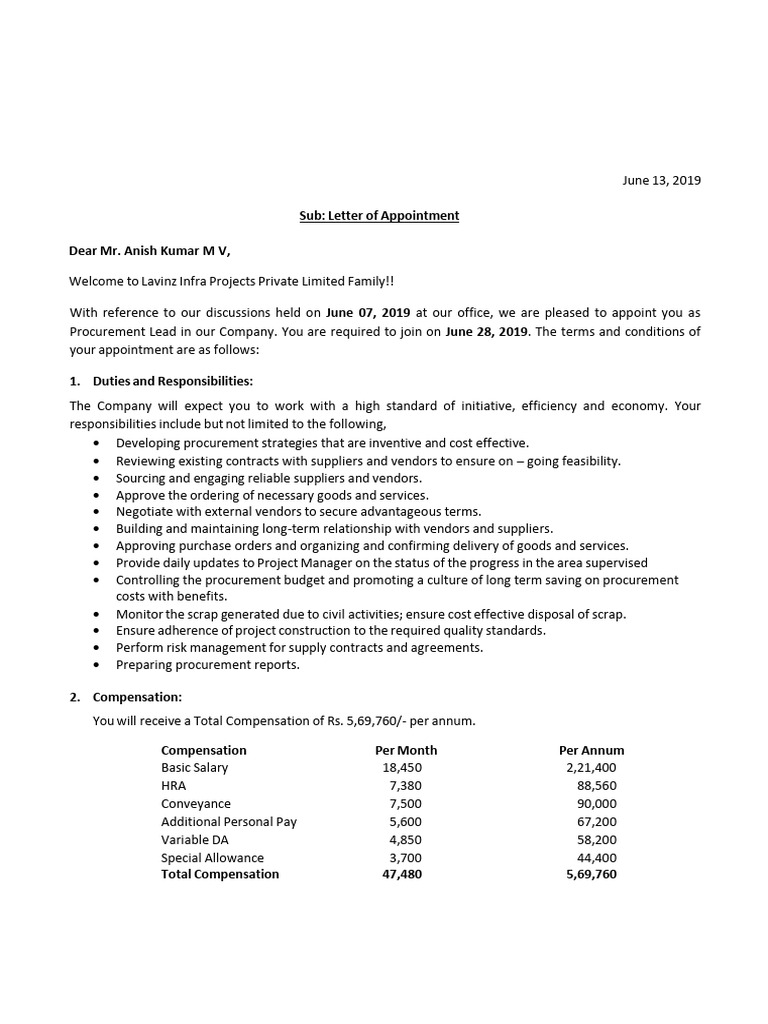 Appointment Letter for Procurement Lead | PDF | Procurement | Employment