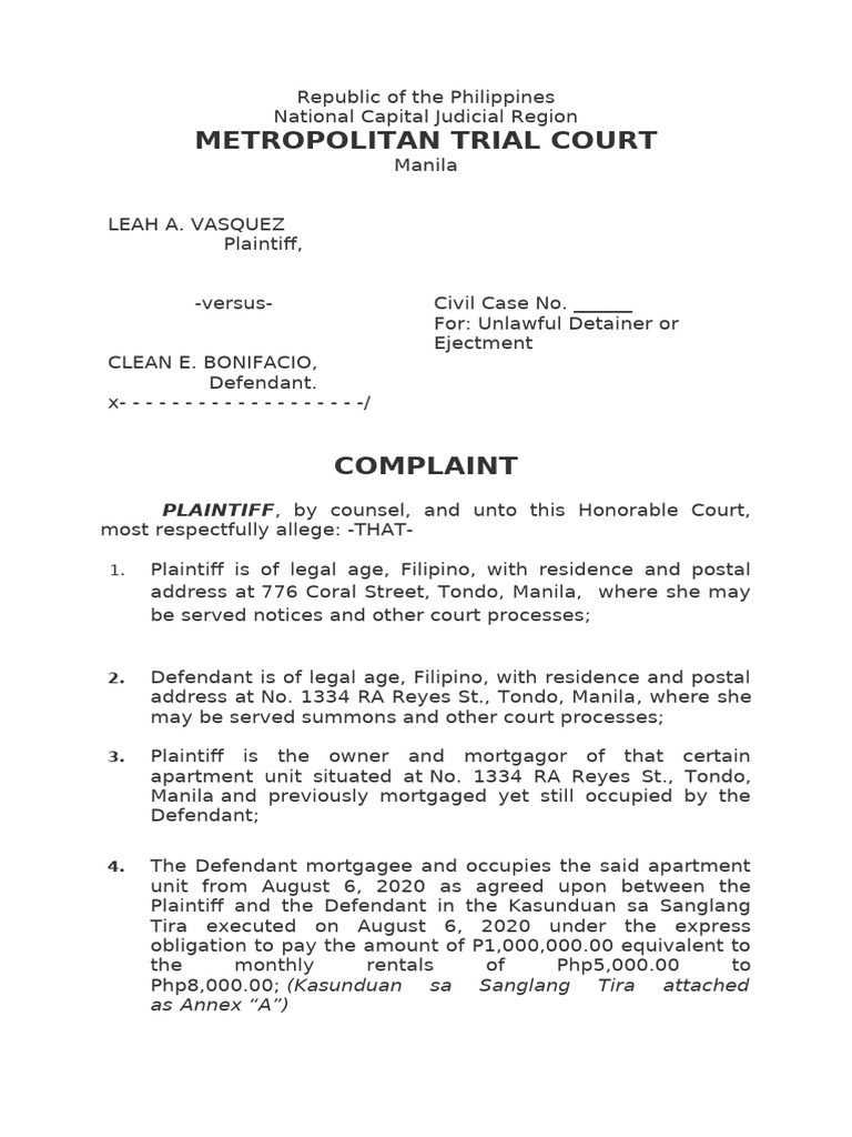 Complaint For Ejectment Leah VS Clean | PDF | Lawsuit | Public Law