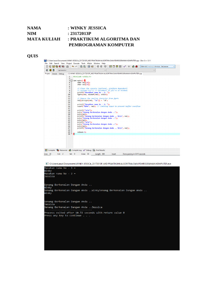 Winky Jessica - 23172013P - Quiz Praktikum Algoritma Dan Pemrograman Komputer | PDF