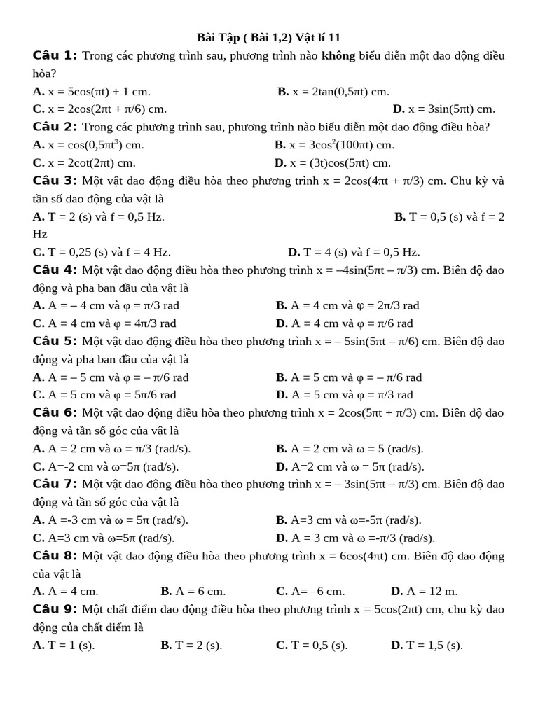 Bài Tập VL11 (Bài 1,2) | PDF
