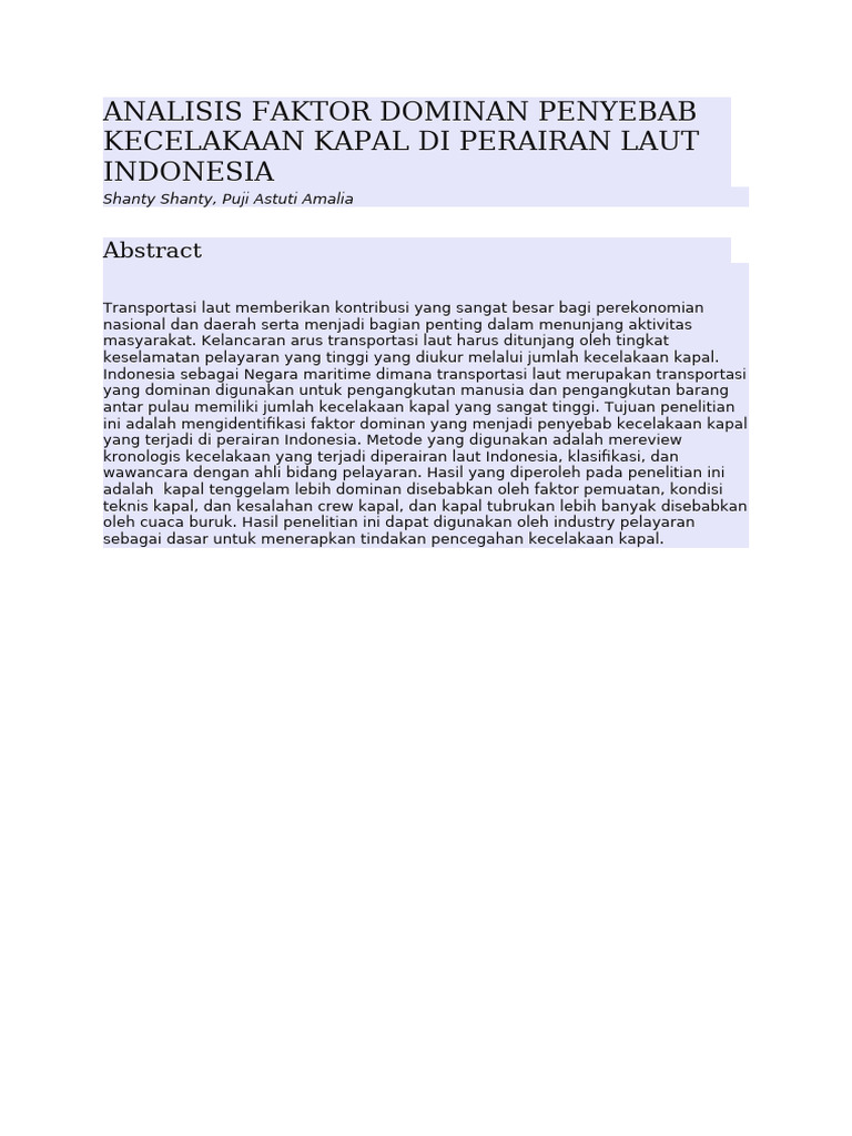 Analisis Faktor Dominan Penyebab Kecelakaan Kapal Di Perairan Laut ...