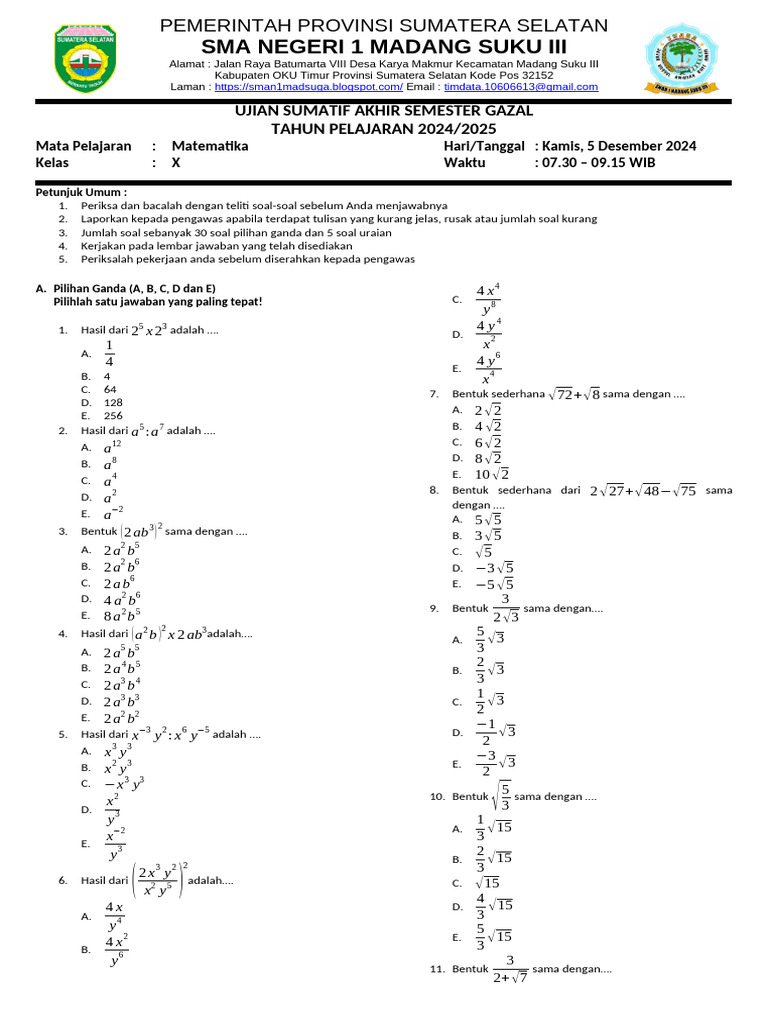 Soal X MTK SMT1 | PDF