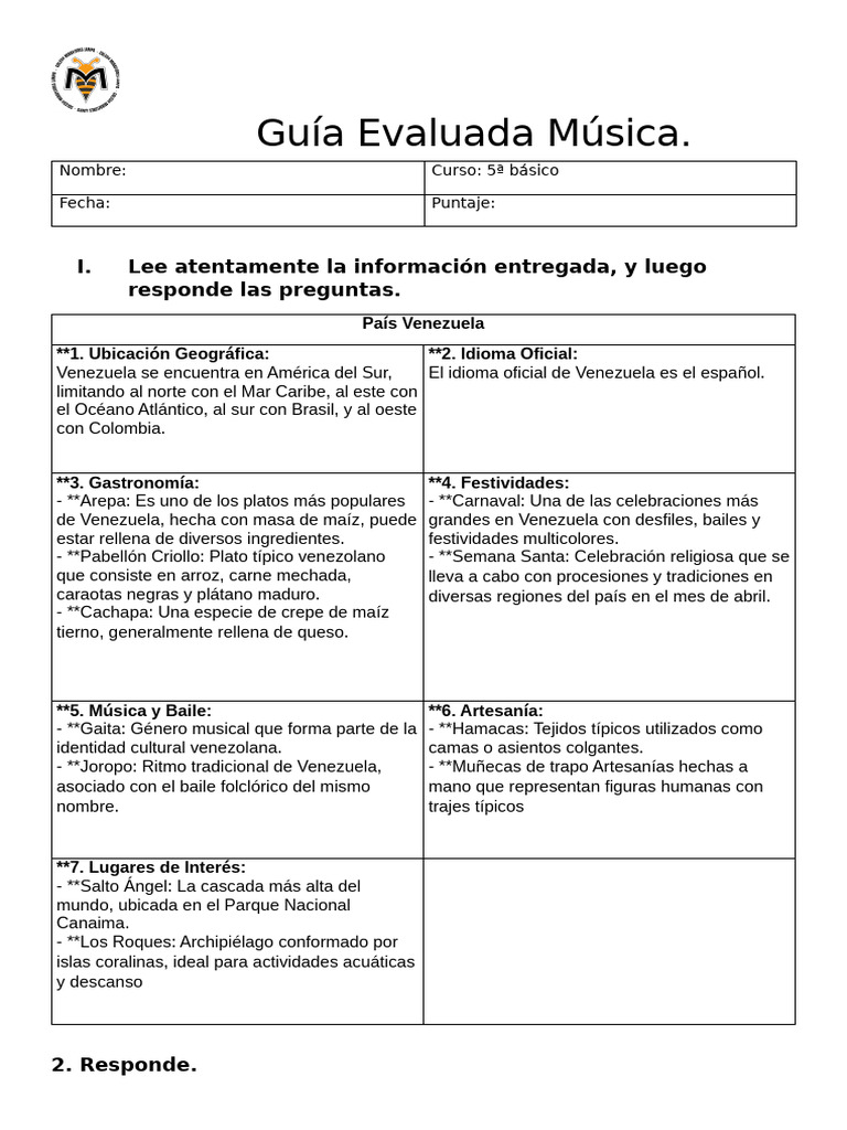 Guía Evaluada Música 5º | PDF | Venezuela | Carnaval