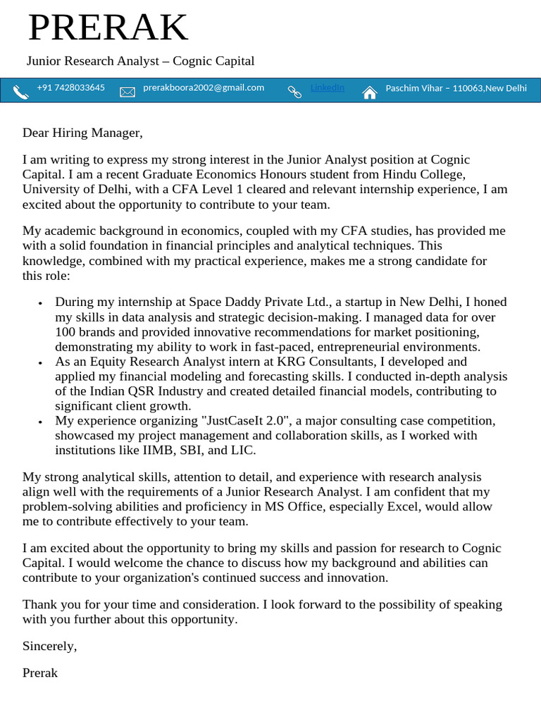 Prerak - Cover Letter | PDF | Career & Growth