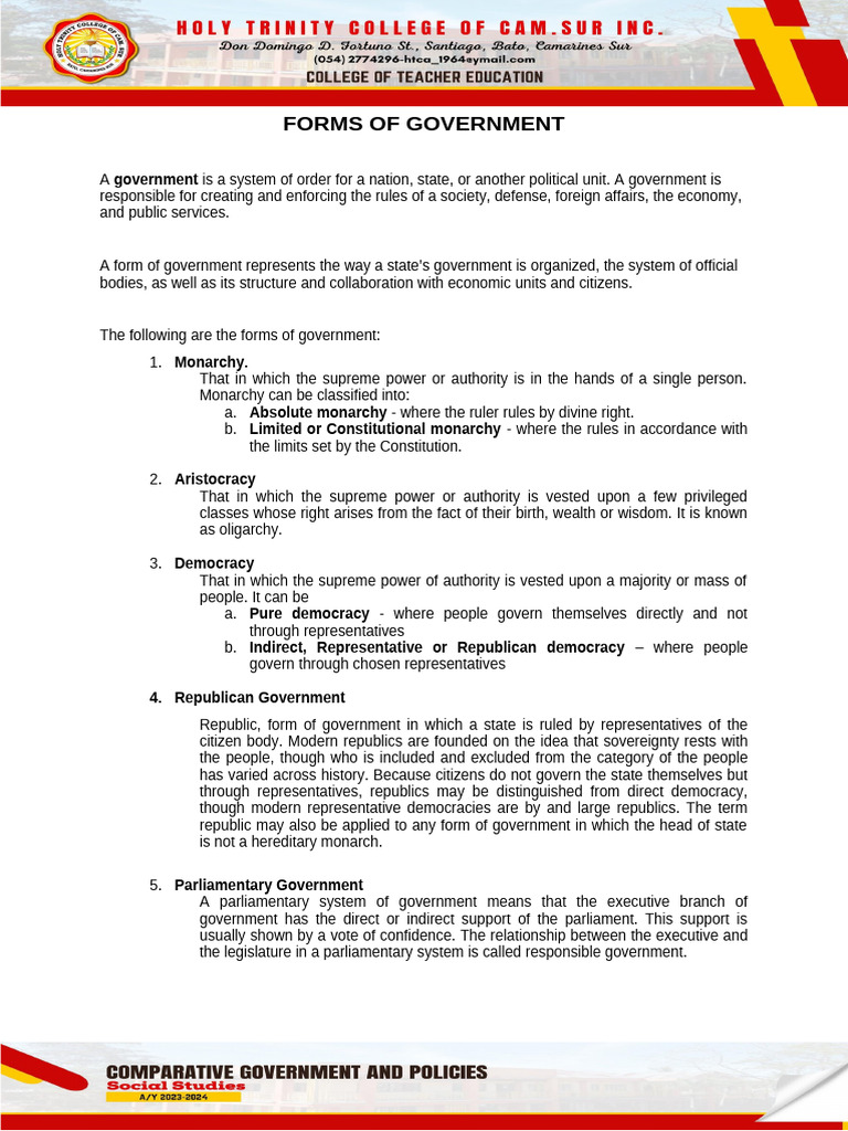 Forms of Government 1 | PDF | Government | Republic