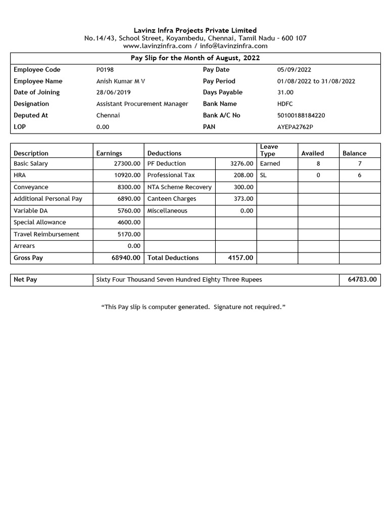 Anish Aug Payslip | PDF