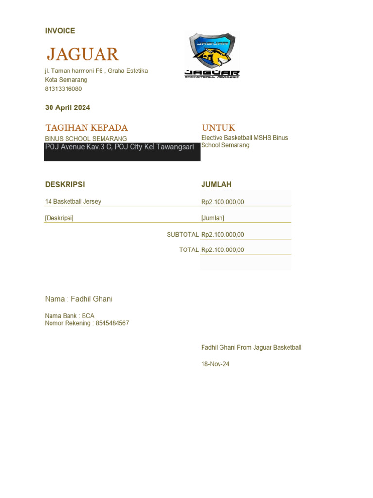 Invoice Jersey Basketball Primary Binus | PDF