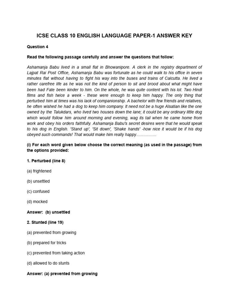 ICSE Class 10 English Langauge Paper 1 Answer Key 2024 PDF | PDF