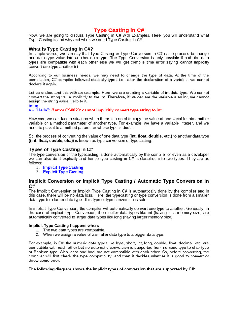 Lession - 5 Type Casting in C# | PDF | C Sharp (Programming Language ... Lession - 5 Type Casting in C# | PDF | C Sharp (Programming Language ...