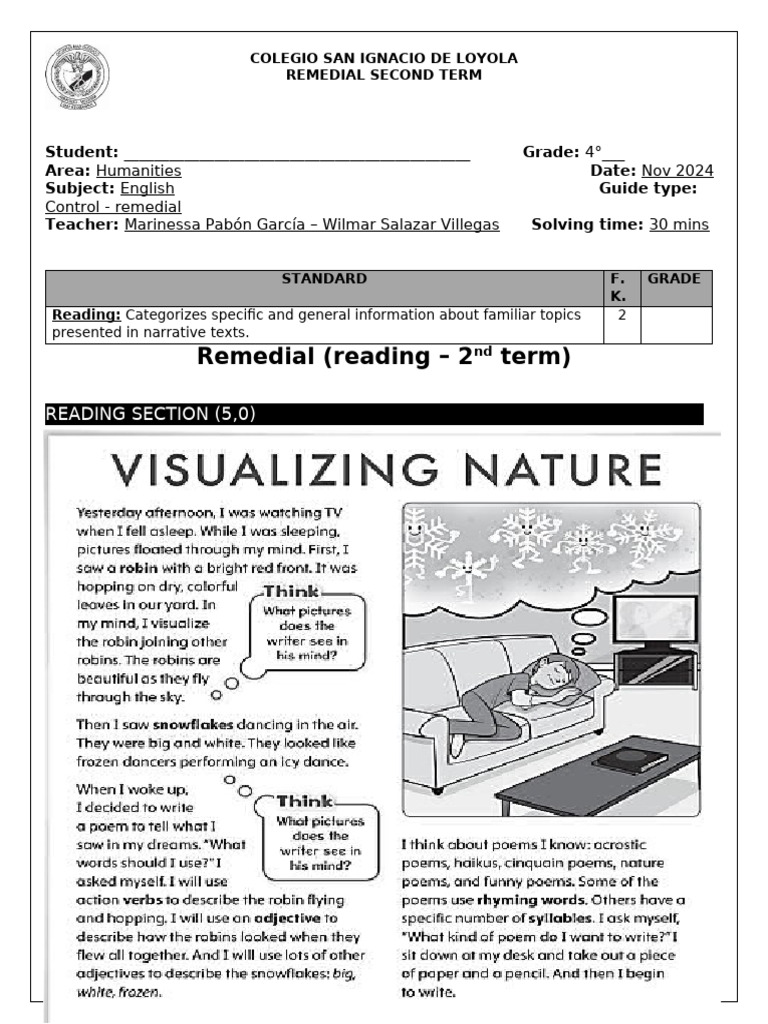 4° 2nd Term Reading Remedial | PDF | Language Arts & Discipline ...
