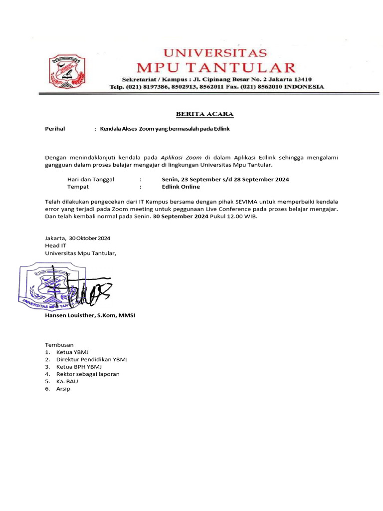 Berita Acara Kendala Zoom Pertemuan Ke 2 | PDF
