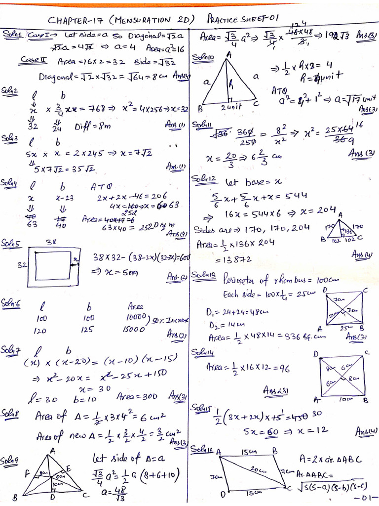 Mensuration 2D Sheet 1 Solution | PDF