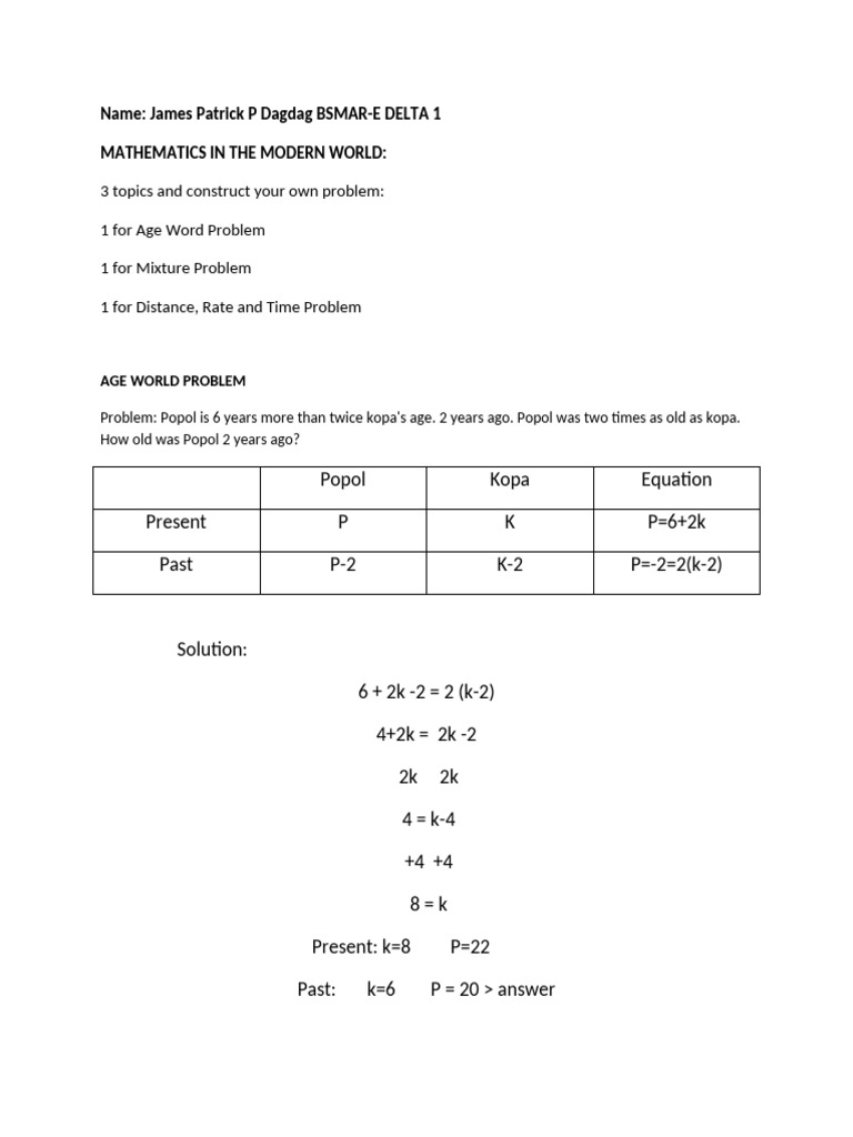 SOLVING: Age Word Problem/Mixture Problem and Distance, Rate and Time Proble. | PDF | Speed ...