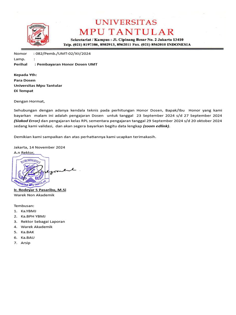 082 Surat Pembayaran Honor Dosen UMT | PDF | Teknologi & Rekayasa