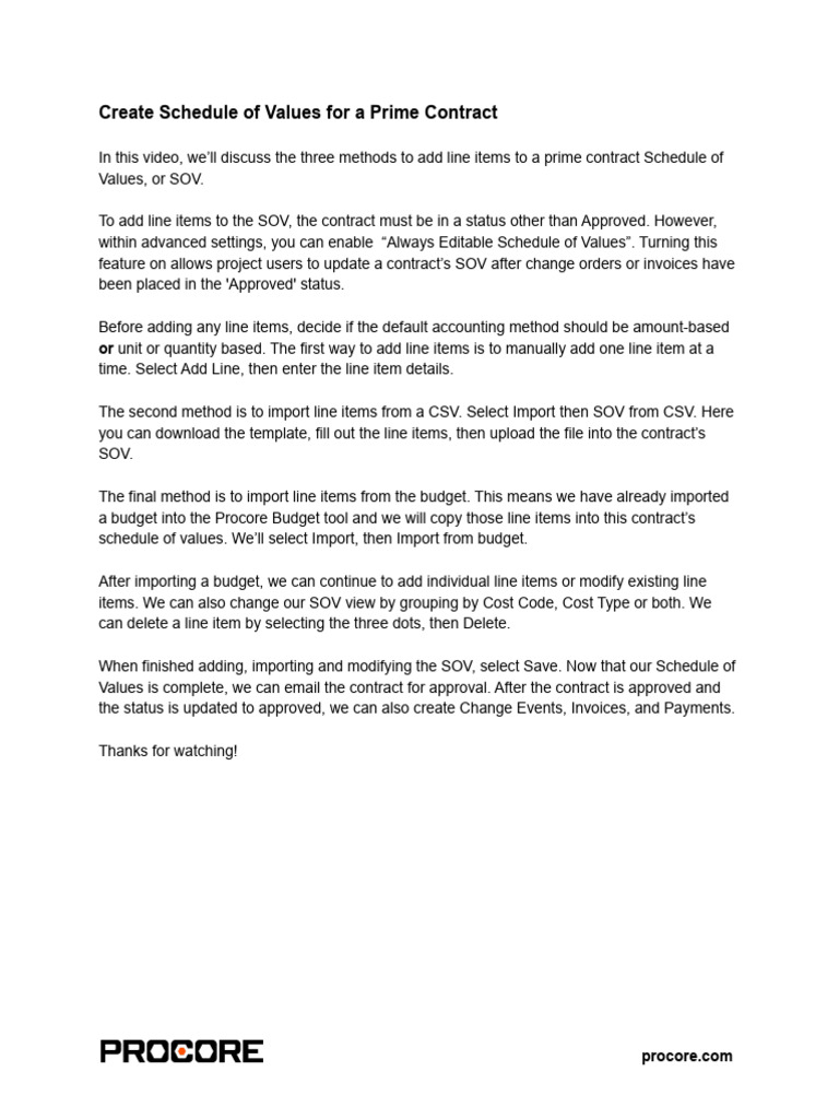 Prime Contract SOV Line Item Methods | PDF