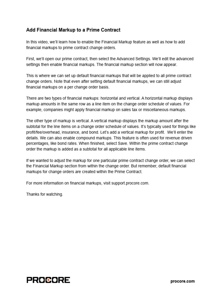 Prime Contracts Add Financial Markup To A Prime Contract | PDF