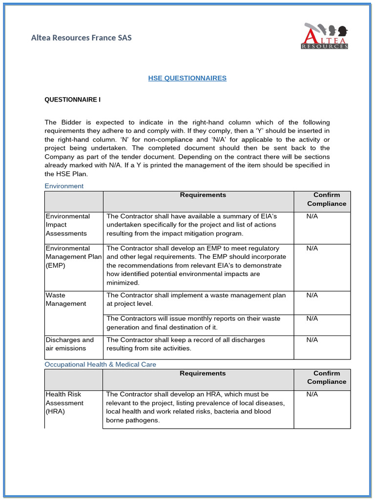 a. HSE Questionnaire | PDF | Kitchen | Environmental Impact Assessment