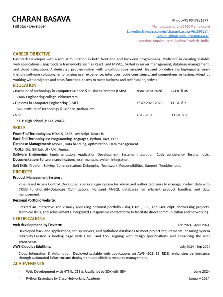 Charan Resume Finall SS | PDF | Web Development | Software