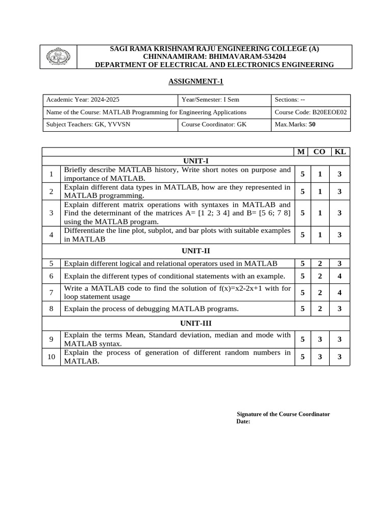 r20 Oe Matlab Assignment 1 | PDF | Matlab | Software Engineering
