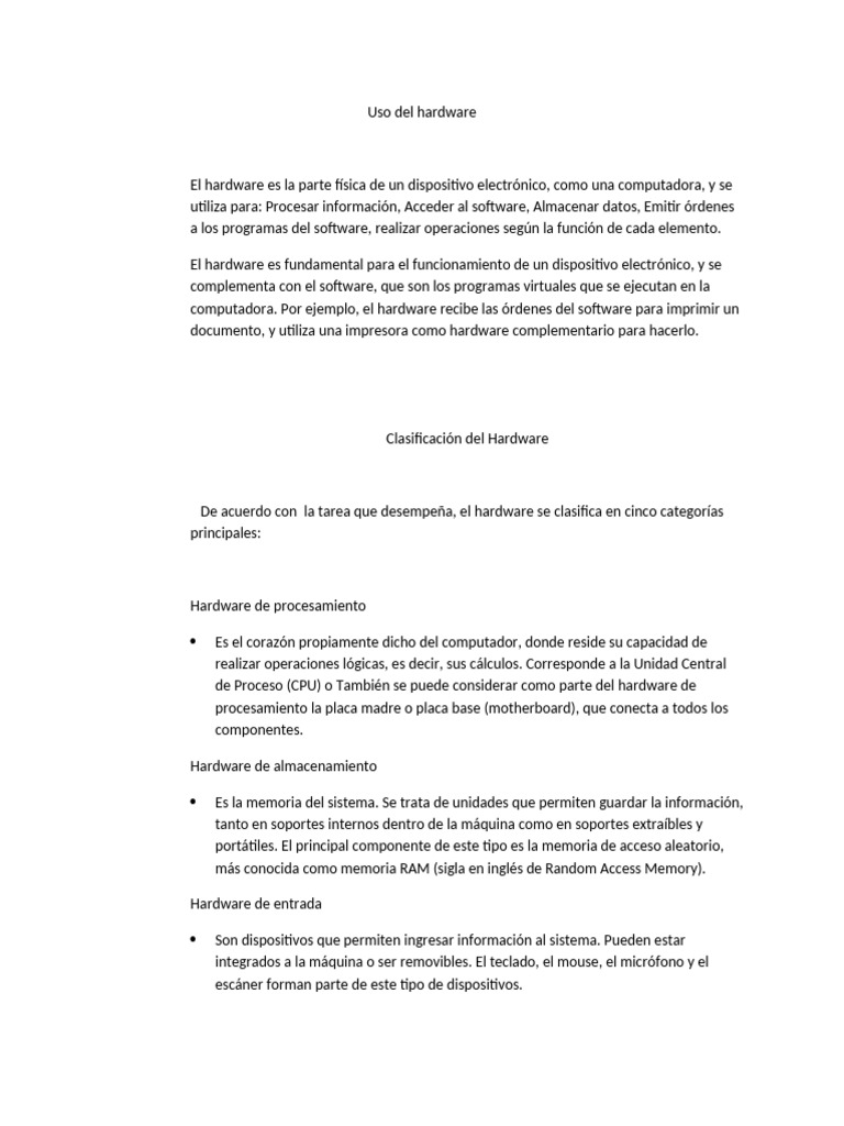 Uso y Clasificación Del Hardware | PDF | Hardware de la computadora ...