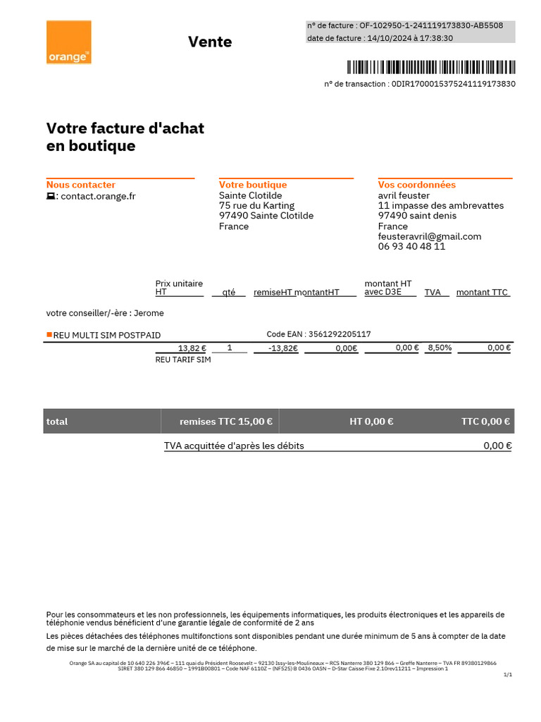 Facture Orange - Exemple PDF 2024 | PDF | Taxe sur la valeur ajoutée ...