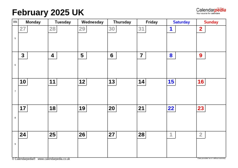 Calendar February 2025 Landscape Small Numerals | PDF