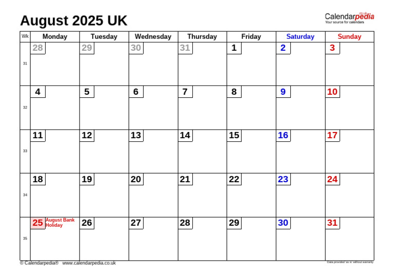 Calendar August 2025 Landscape Small Numerals | PDF
