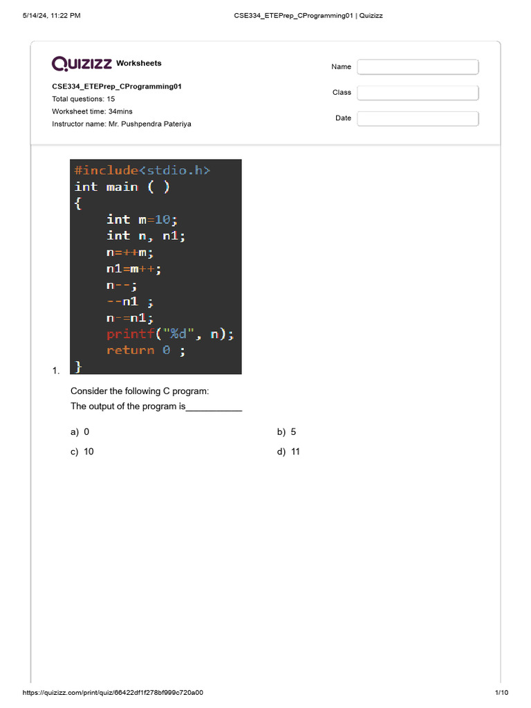 CSE334 ETEPrep CProgramming01 Quizizz | PDF | Computer Programming | Software Engineering